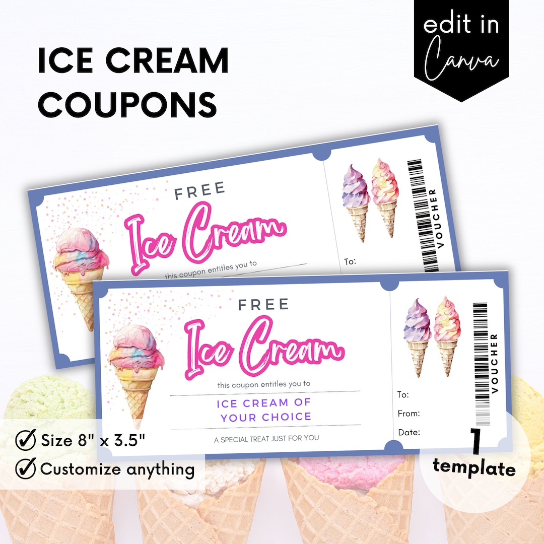 Printable Ice Cream Coupons, Ice Cream Voucher, Ice Cream Birthday, Ice ...