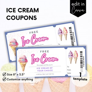 Printable Ice Cream Coupons, Ice Cream Voucher, Ice Cream Birthday, Ice ...