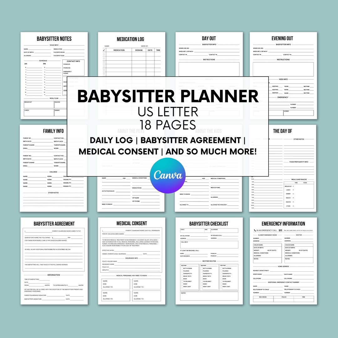 Babysitter Planner, Babysitter Info, Childcare Planner, Editable Nanny ...