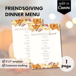 Friendsgiving Menu Printable, Thanksgiving Menu Template, Editable ...