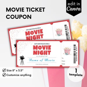 Movie Night Coupon, Surprise Movie Ticket Template, Movie Night Gift ...