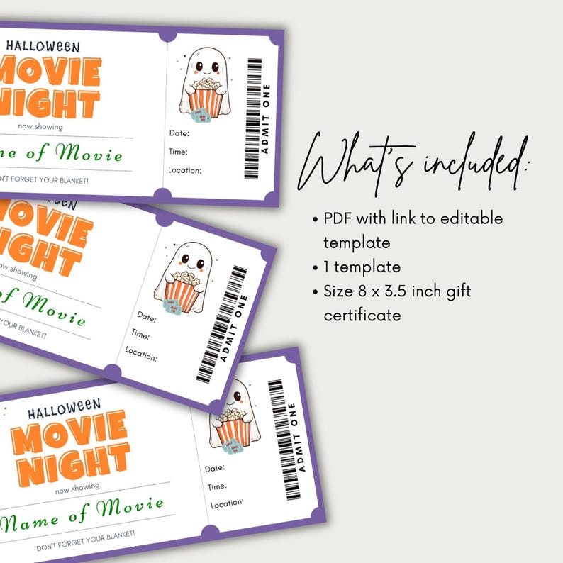 Printable Halloween Movie Night Tickets, Spooky Movie Night Party ...