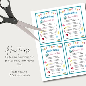 Middle School Survival Kit Gift Tag, Ditable Back to School Survival ...