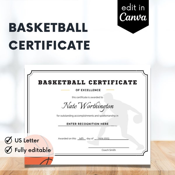 Basketball Certificate of Participation Template - Etsy