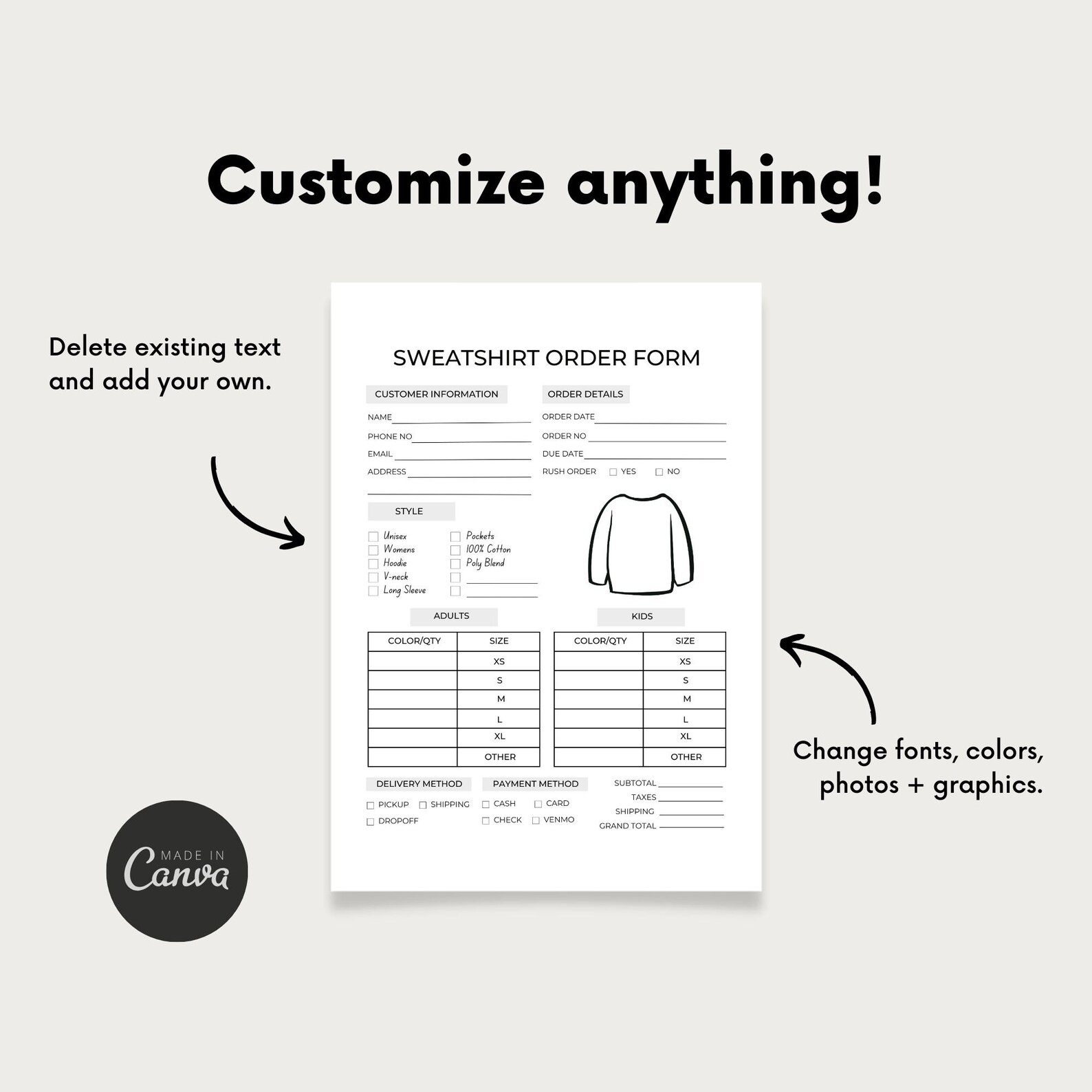 Shirt Order Form Template, Clothing Form, Invoice Template, Custom ...