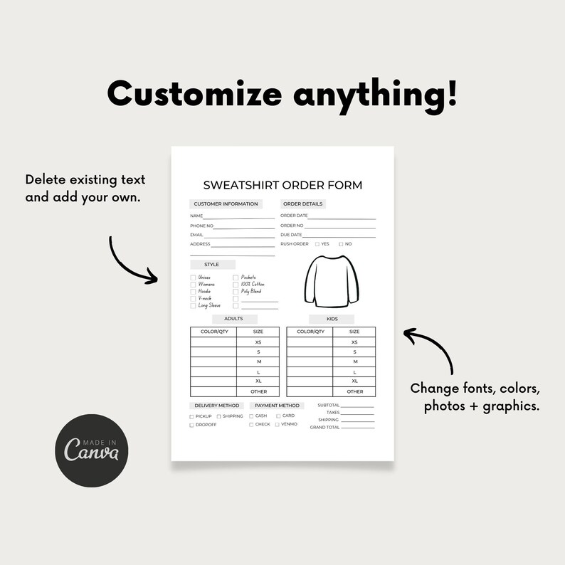 Shirt Order Form Template, Clothing Form, Invoice Template, Custom ...