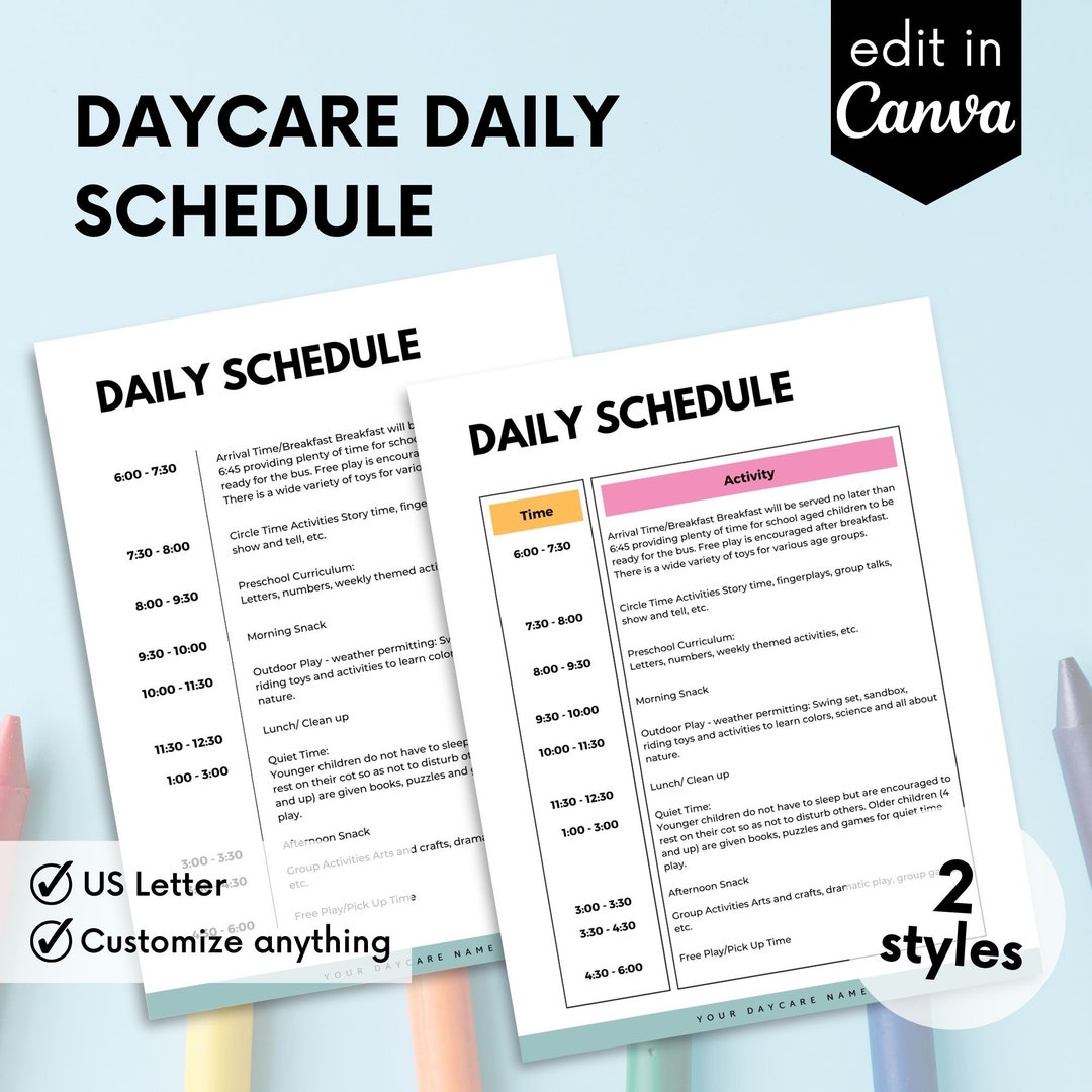 Daily Daycare Schedule, Class Schedule Printable, Daycare Forms ...