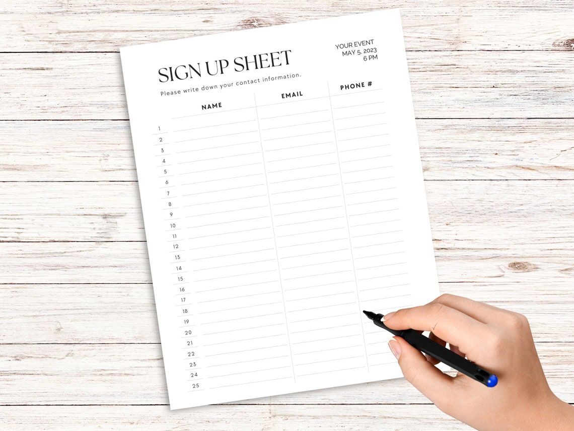 Event Sign Up, Sign up Form, Printable Sign up Template, Sign in Sheet ...