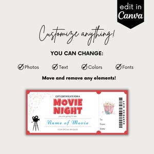Movie Night Coupon, Surprise Movie Ticket Template, Movie Night Gift ...