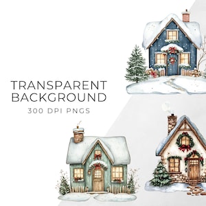 Whimsical Christmas Cottage Clipart, Cozy Winter House PNG, Watercolor ...