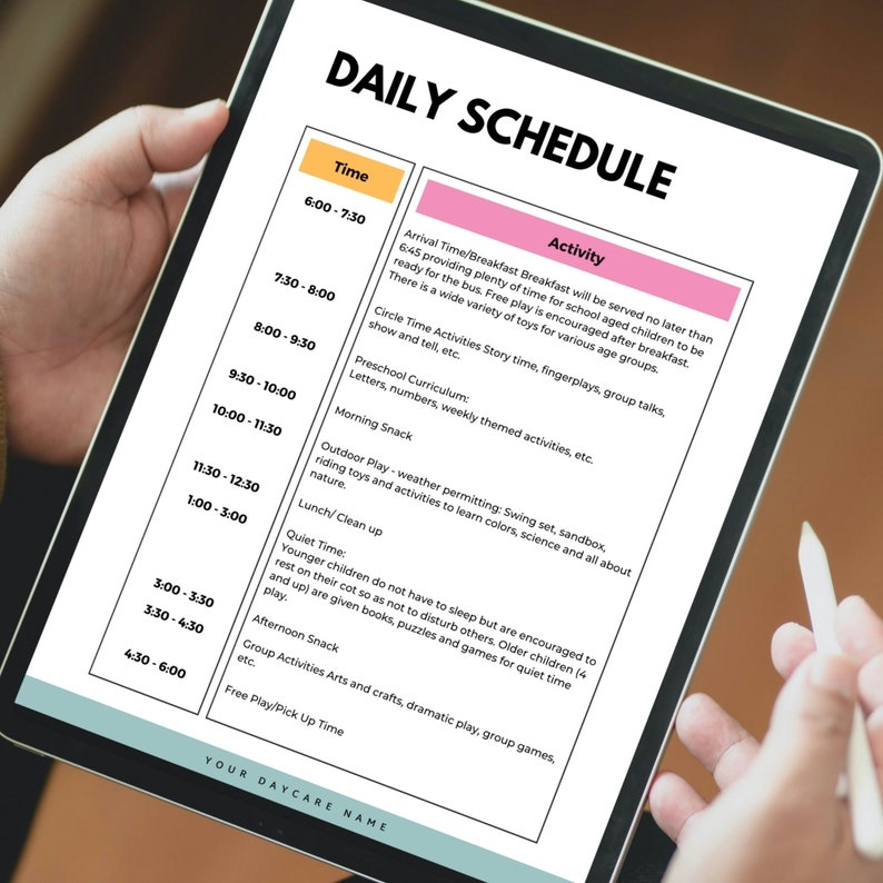 Daily Daycare Schedule, Class Schedule Printable, Daycare Forms ...