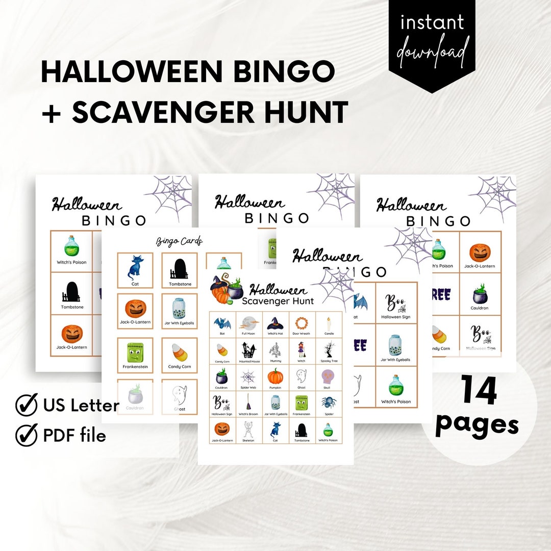 Halloween Bingo Cards, Printable Bingo, Scavenger Hunt for Kids ...