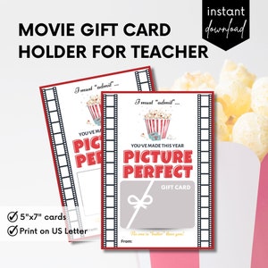 Printable Teacher Appreciation Movie Gift Card Holder, Movie Gift Card ...