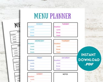 Colorful Meal Planner Printable, Printable Menu Planner, Weekly Meal ...