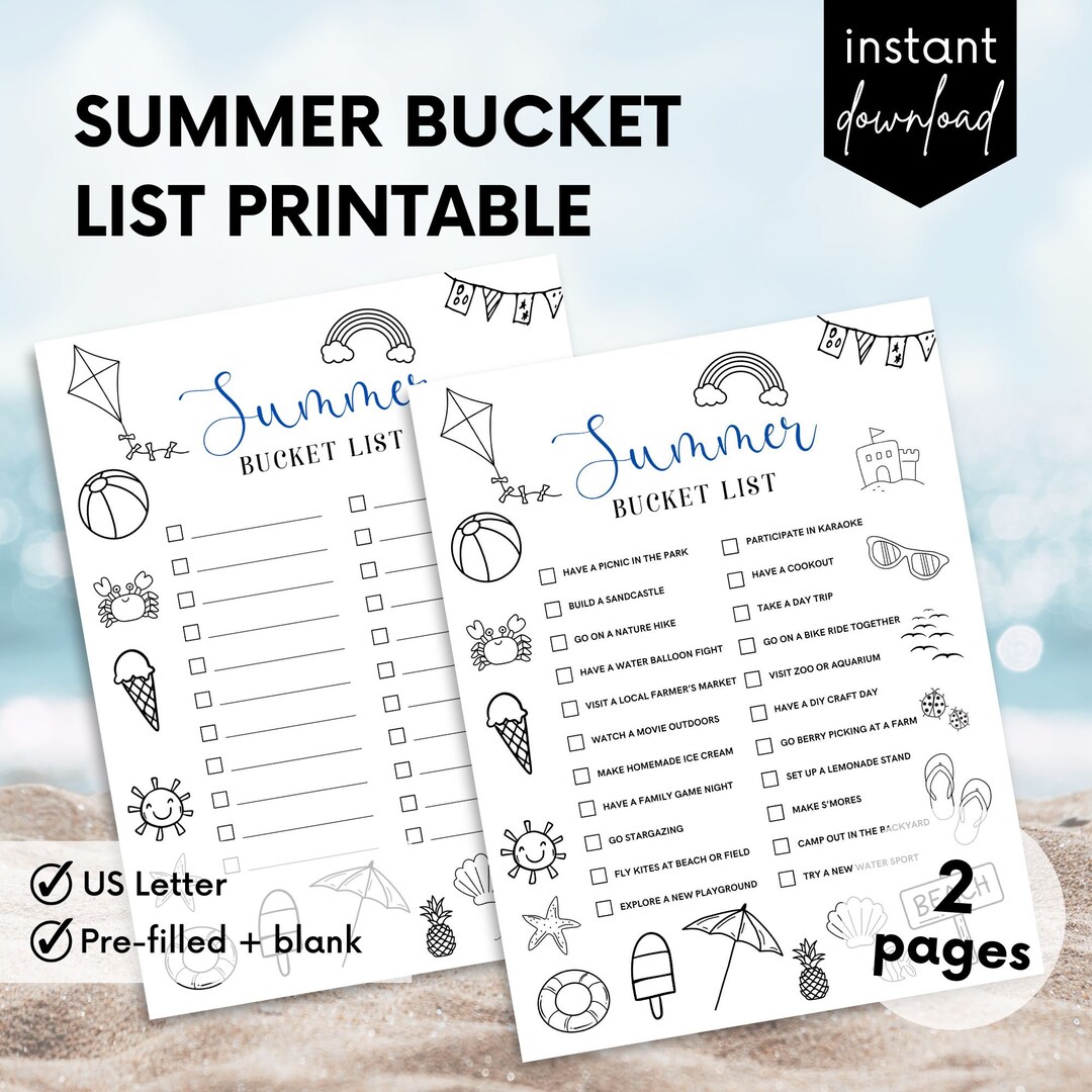 Printable Summer Bucket List, Summer Checklist, Coloring Page Print at ...