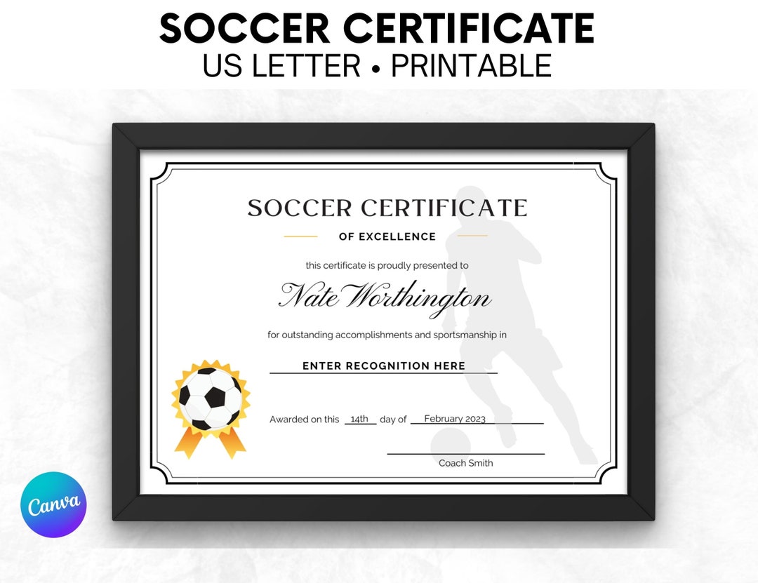 Soccer Certificate Template, Sports Certificate Editable, Achievement ...