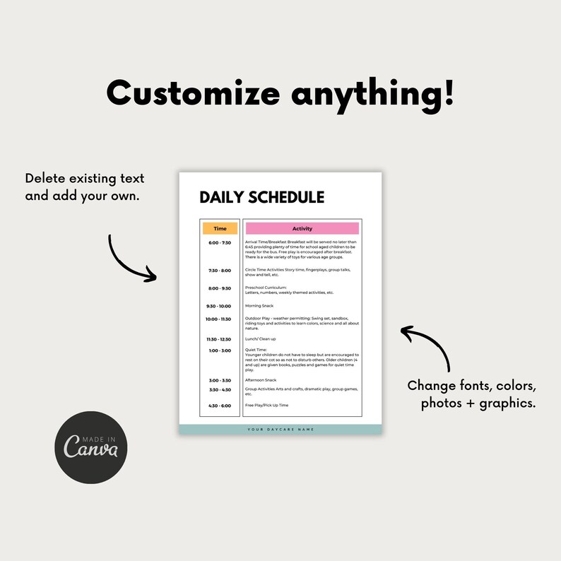 Daily Daycare Schedule, Class Schedule Printable, Daycare Forms ...