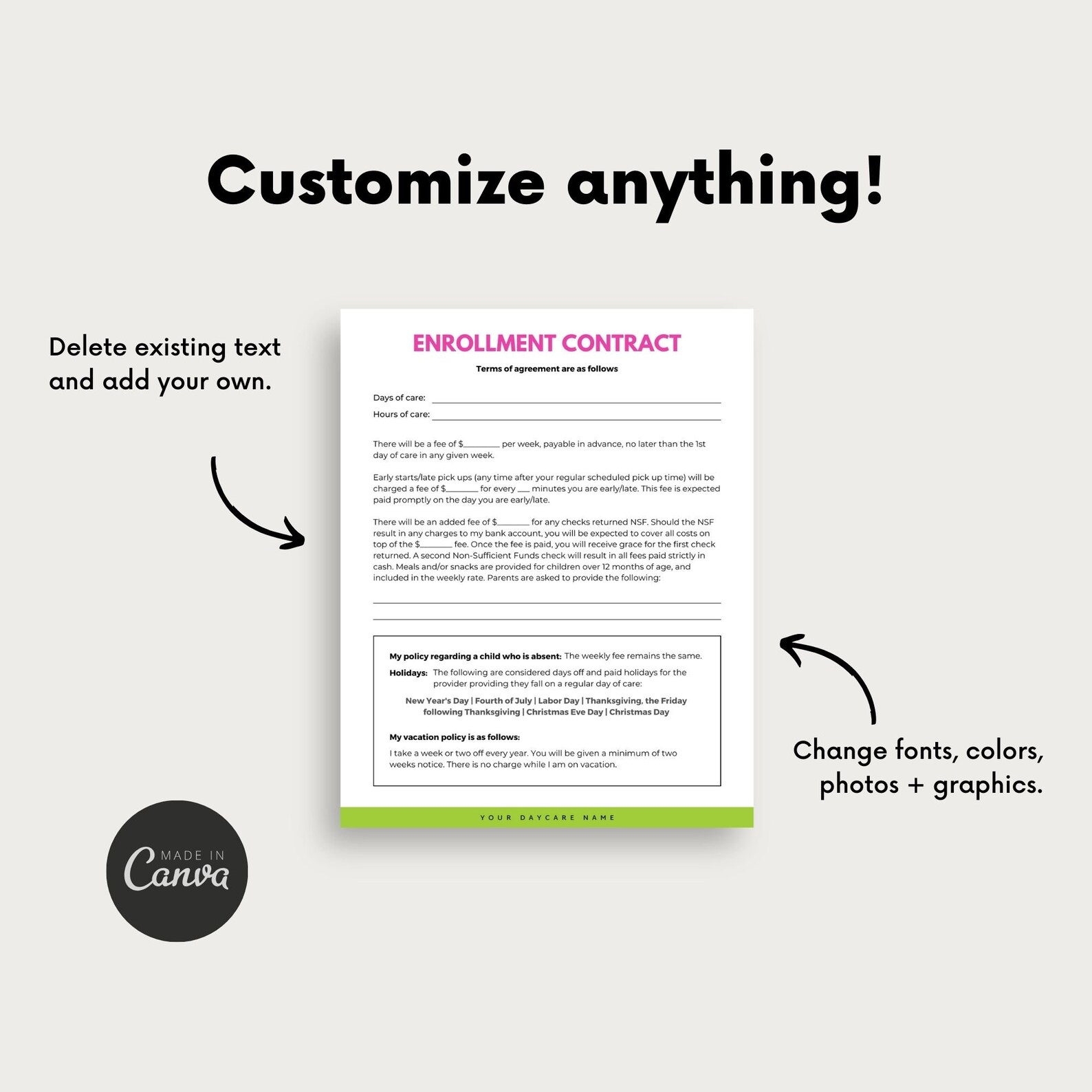 Home Daycare, Daycare Agreement, Child Care Enrollment Form, Childcare ...