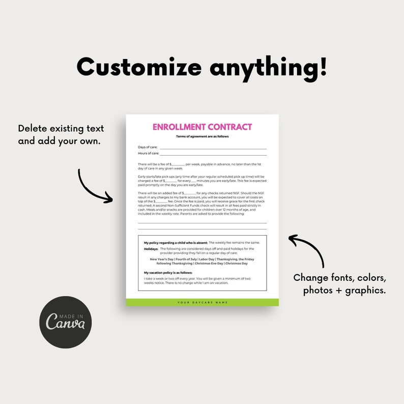 Home Daycare, Daycare Agreement, Child Care Enrollment Form, Childcare ...