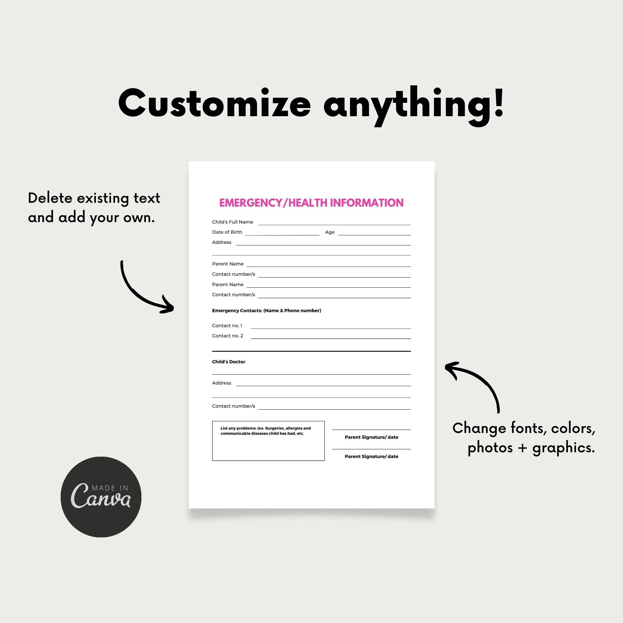 Emergency Contact Form, Preschool Forms, Emergency Information Sheet ...