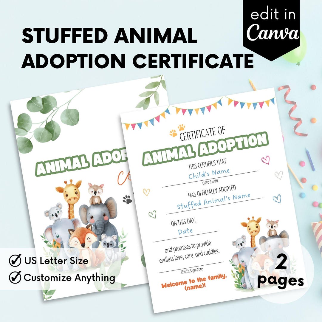 Stuffed Animal Adoption, Adoption Certificate for Stuffed Animal, Adopt ...