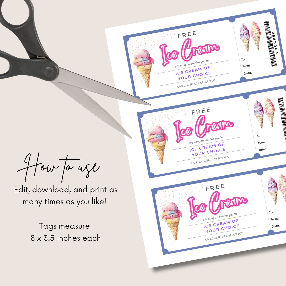 Printable Ice Cream Coupons, Ice Cream Voucher, Ice Cream Birthday, Ice ...