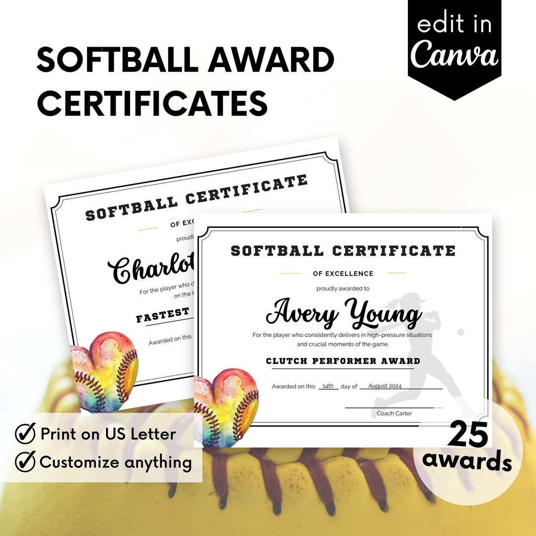 Printable Softball Certificates, Softball Awards, Award Ceremony ...