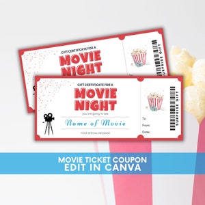 Movie Night Coupon, Surprise Movie Ticket Template, Movie Night Gift ...