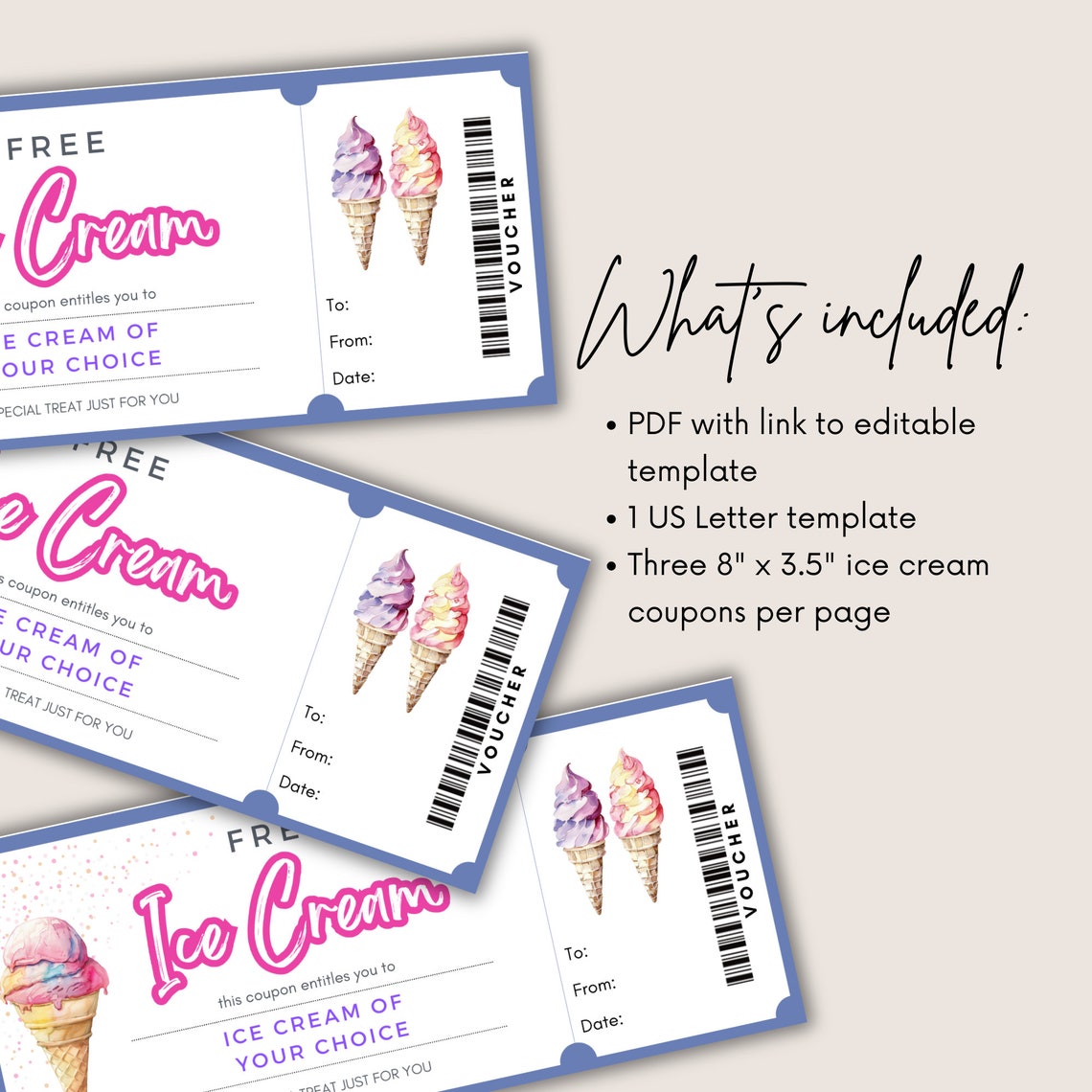 Printable Ice Cream Coupons, Ice Cream Voucher, Ice Cream Birthday, Ice ...