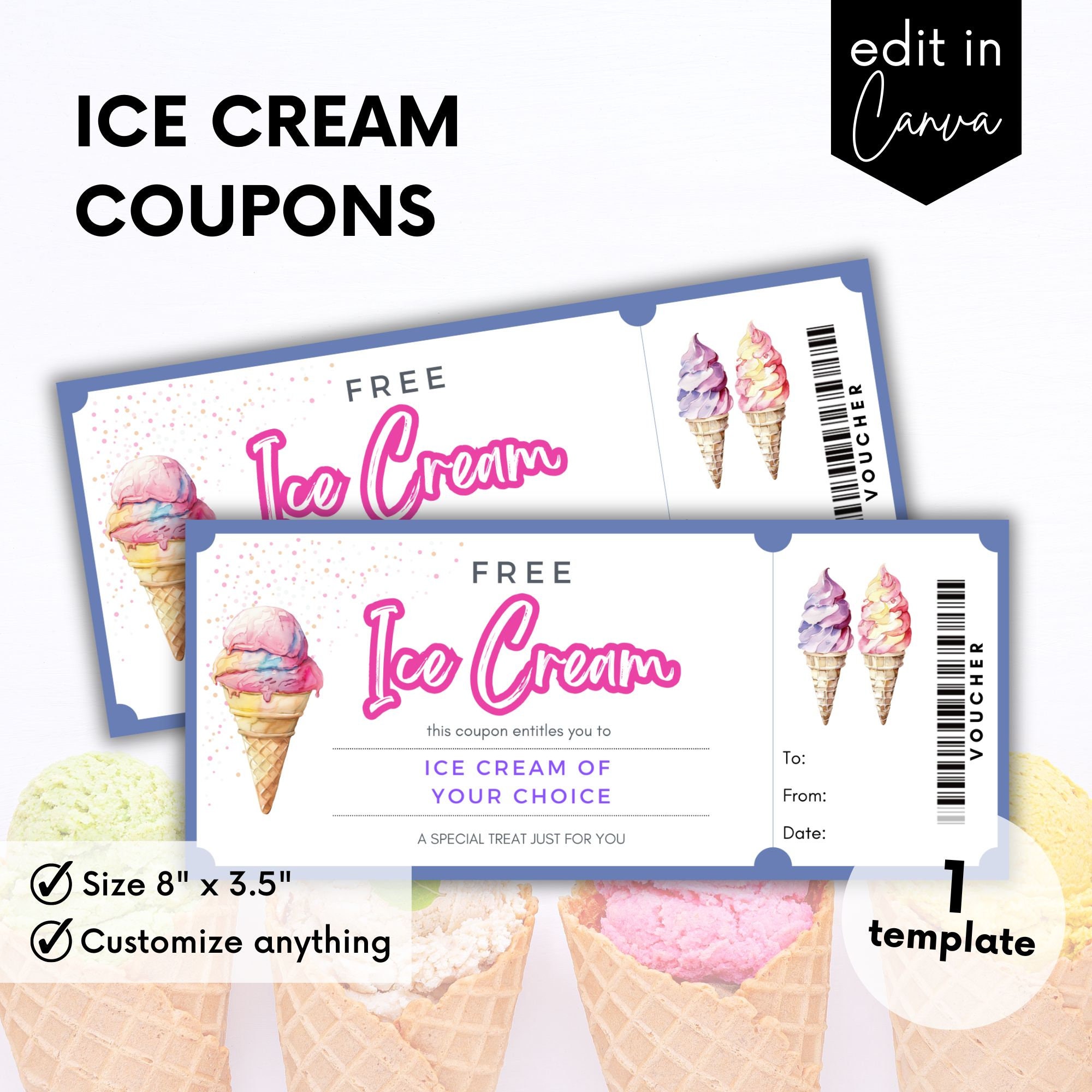 Printable Ice Cream Coupons, Ice Cream Voucher, Ice Cream Birthday, Ice ...
