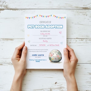 Pet Rock Adoption Certificate, Pretend Pet, Cute Desk Pet, Gift for ...