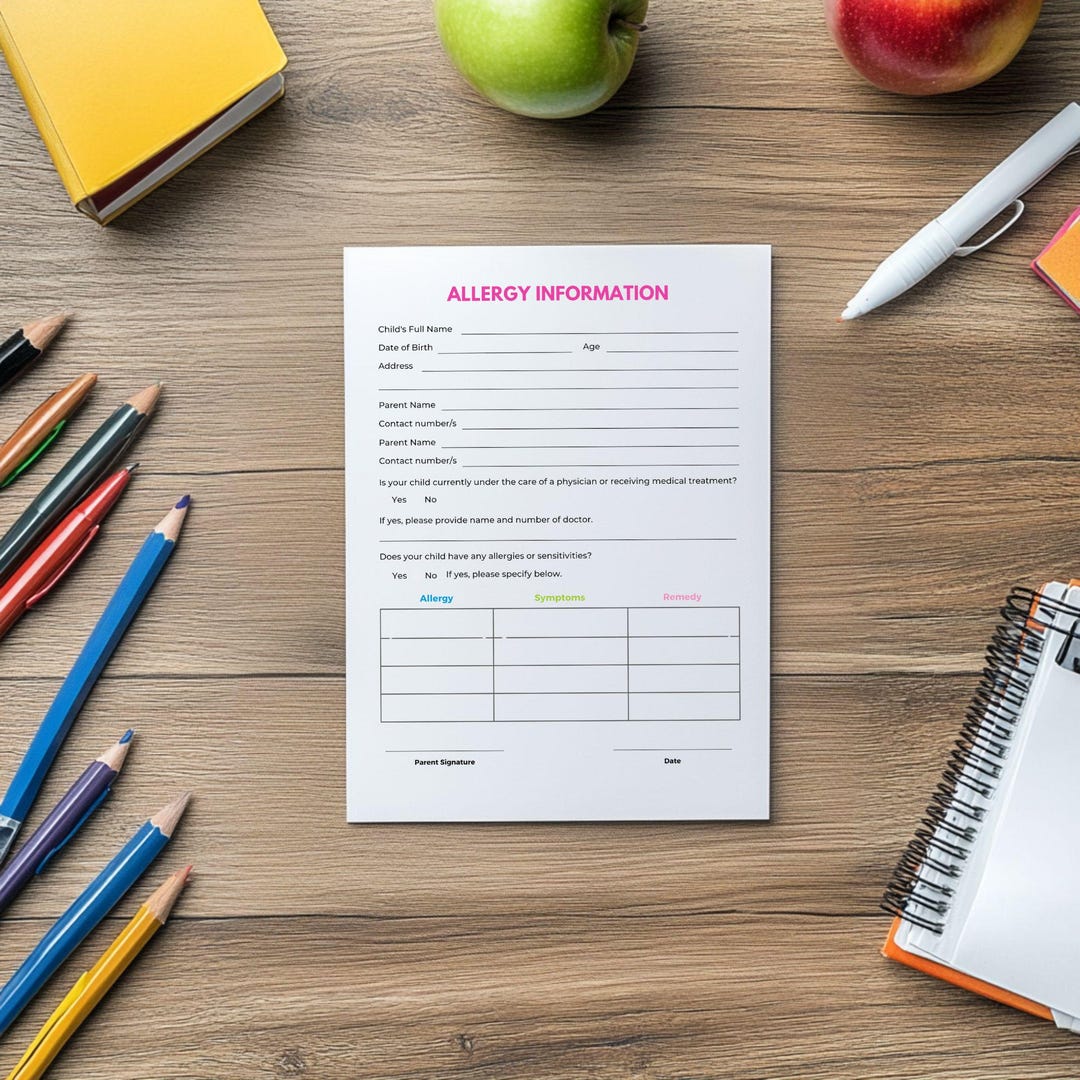 Child Allergy Form, Daycare Allergy Form, Allergy List for Daycare ...