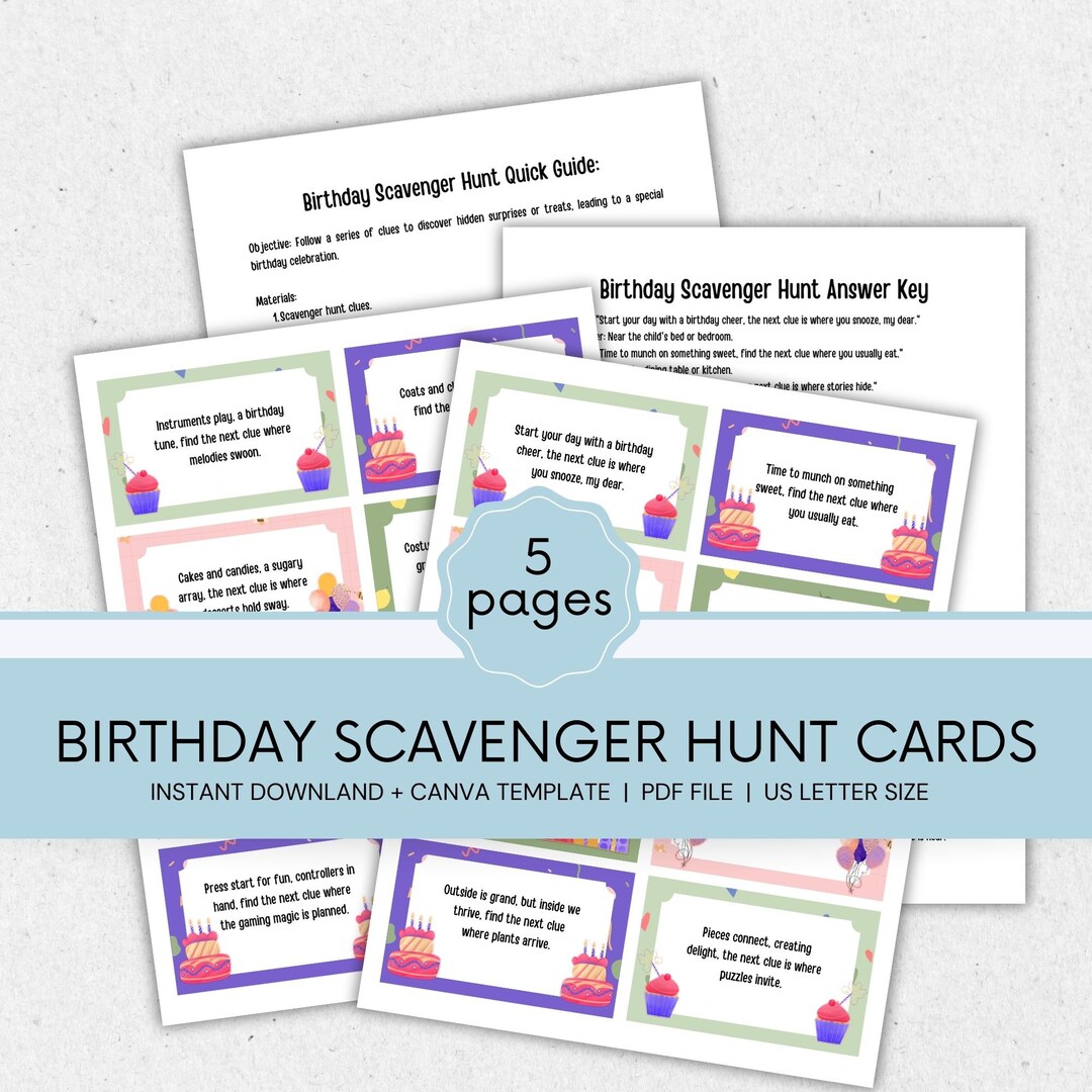 Party Game, Treasure Hunt Clues, Birthday Scavenger Hunt Printable ...