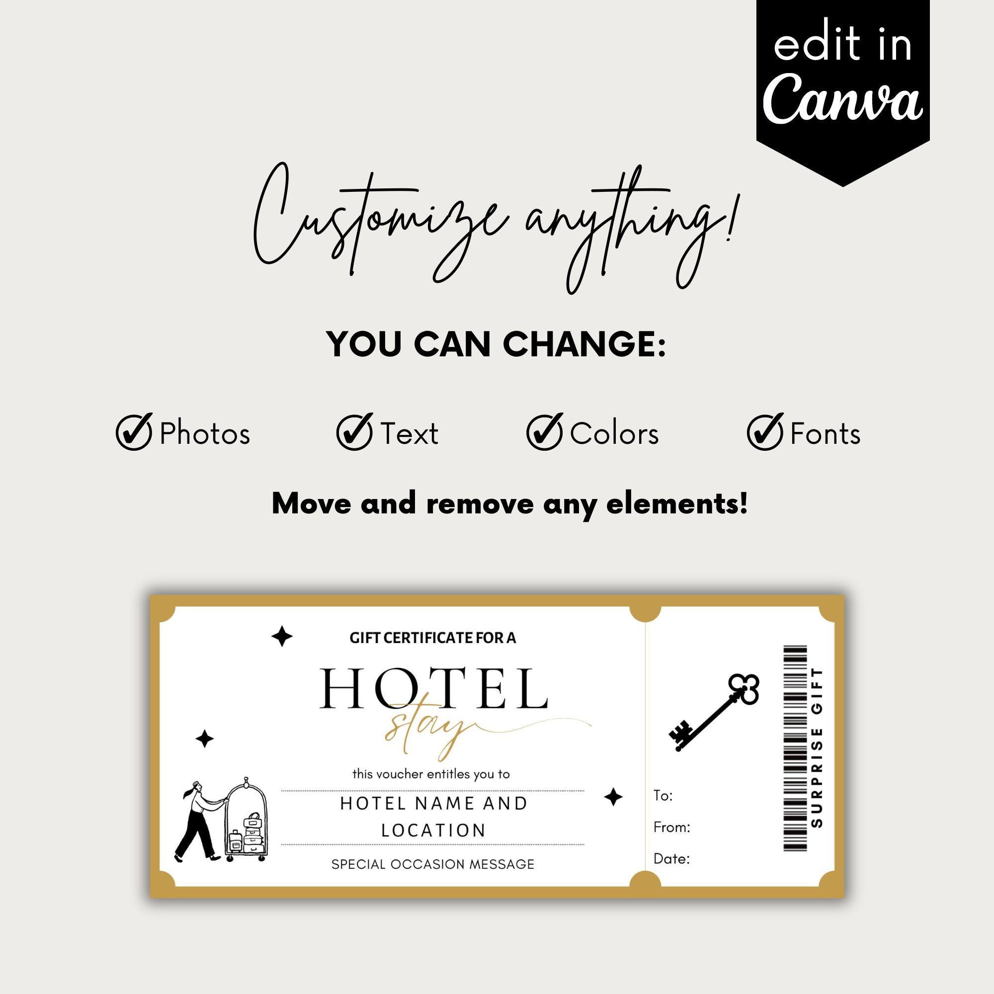 Hotel Voucher Gift Card, Editable Surprise Weekend Getaway, Hotel Stay ...