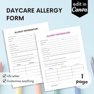 Child Allergy Form, Daycare Allergy Form, Allergy List for Daycare ...