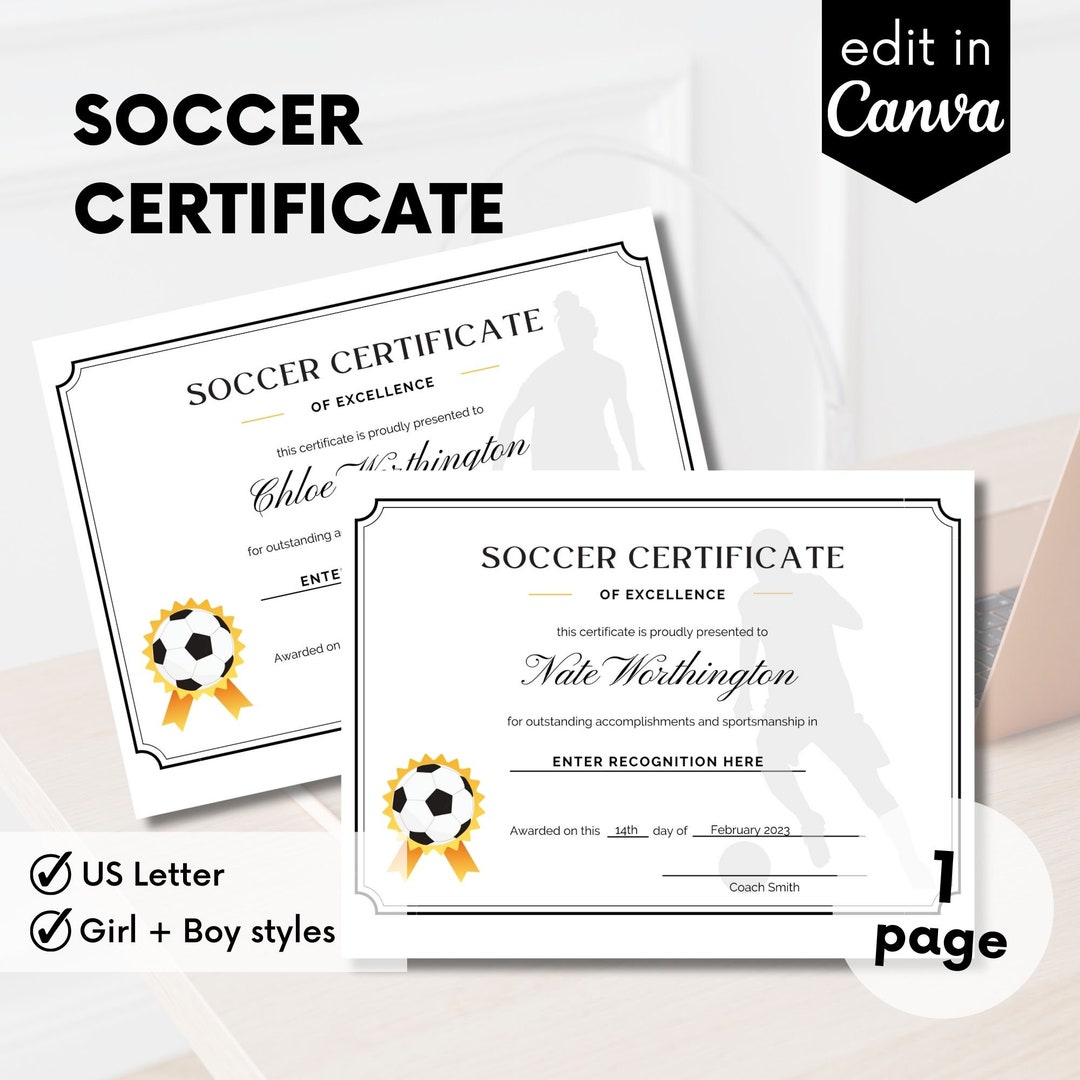 Soccer Certificate Template, Sports Certificate Editable, Achievement ...