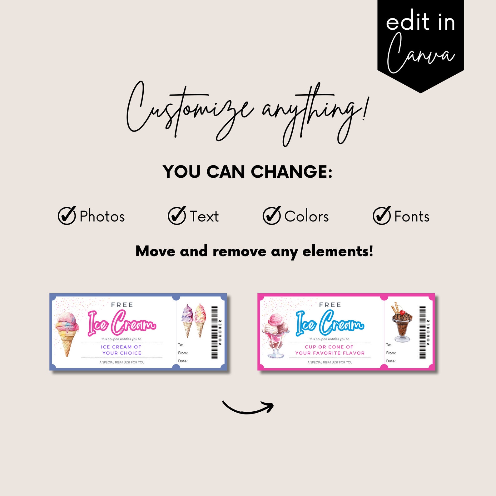 Printable Ice Cream Coupons, Ice Cream Voucher, Ice Cream Birthday, Ice ...