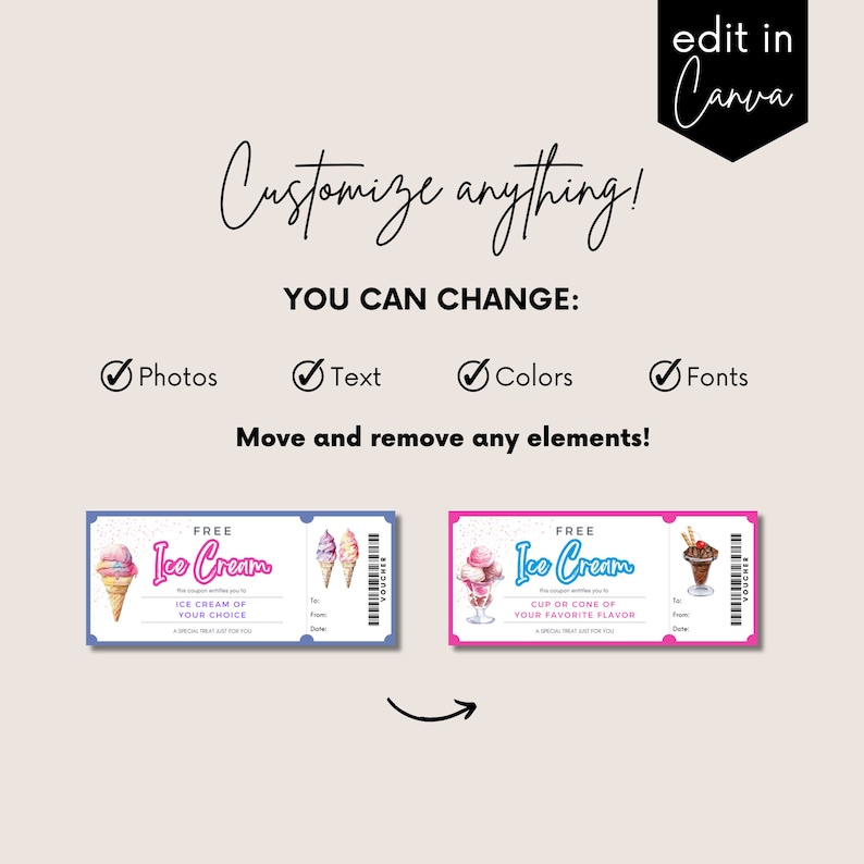 Printable Ice Cream Coupons, Ice Cream Voucher, Ice Cream Birthday, Ice ...