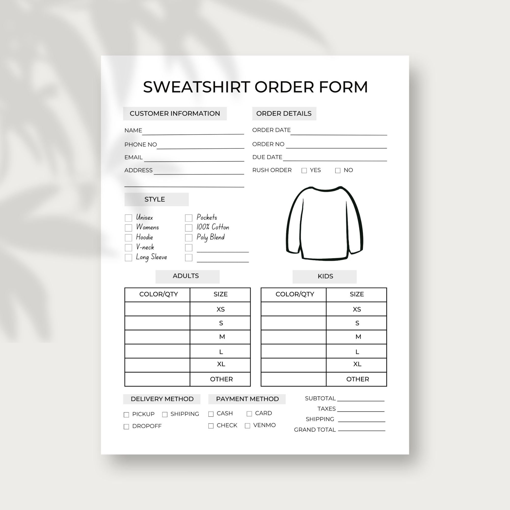 Shirt Order Form Template, Clothing Form, Invoice Template, Custom ...