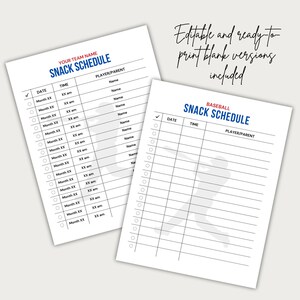 Baseball Snack Schedule Printable, Baseball Snack Sign up Sheet, Team ...