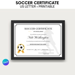Soccer Certificate Template, Sports Certificate Editable, Achievement ...