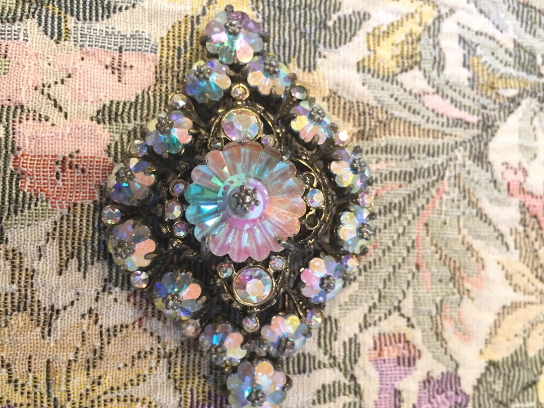Vintage Aurora Borealis Brass Mounted Retro Broach - Etsy