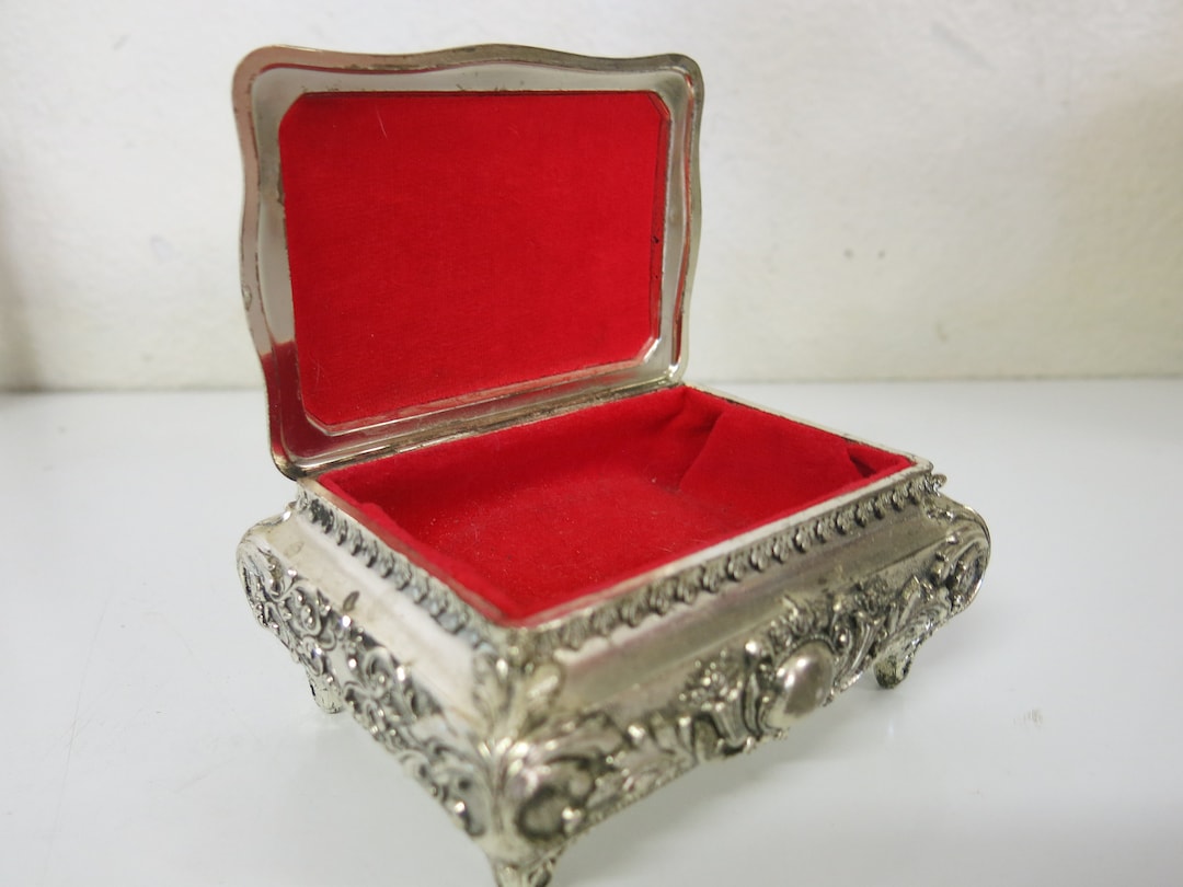Silver Tone Repousse Jewelry Box - Red Velvet Lined Stash Box - Etsy