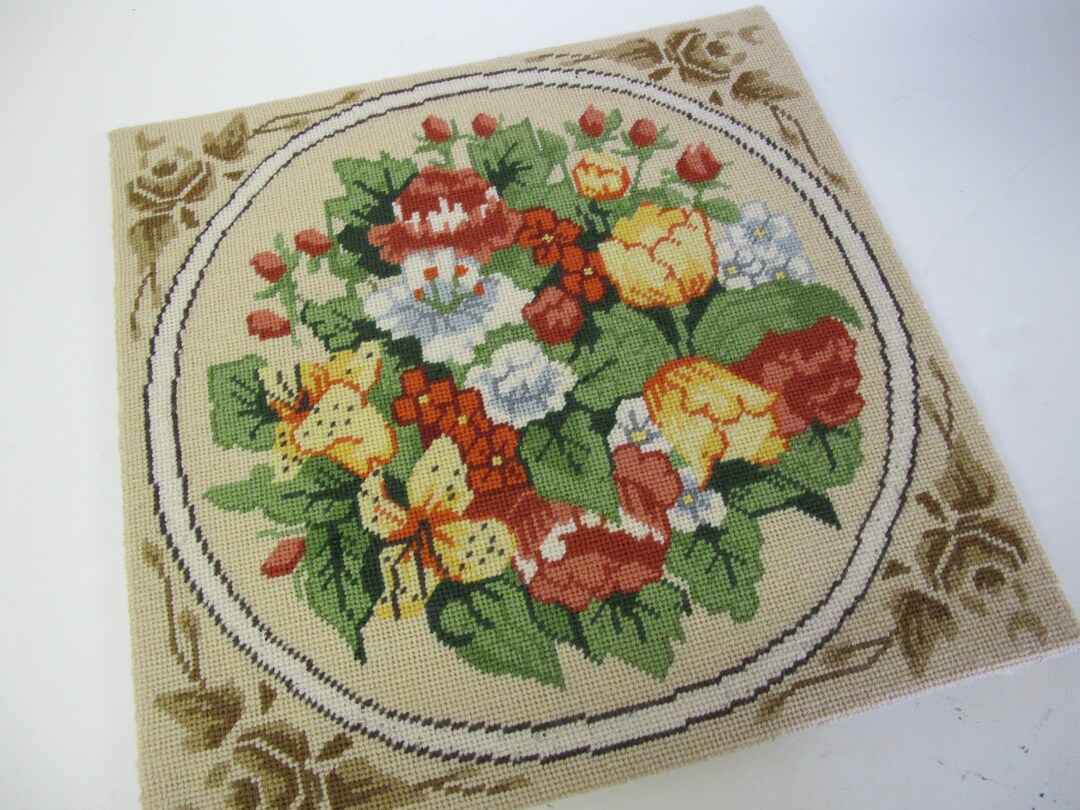 Mid Century Needlepoint Floral Needlepoint Floral Round - Etsy