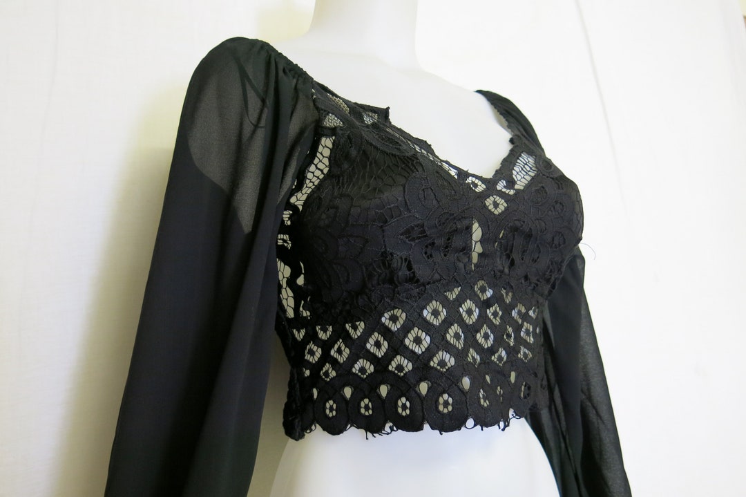 Black Lace Blouse Cropped Top Bare Midriff Cropped Stretch Sexy Long ...