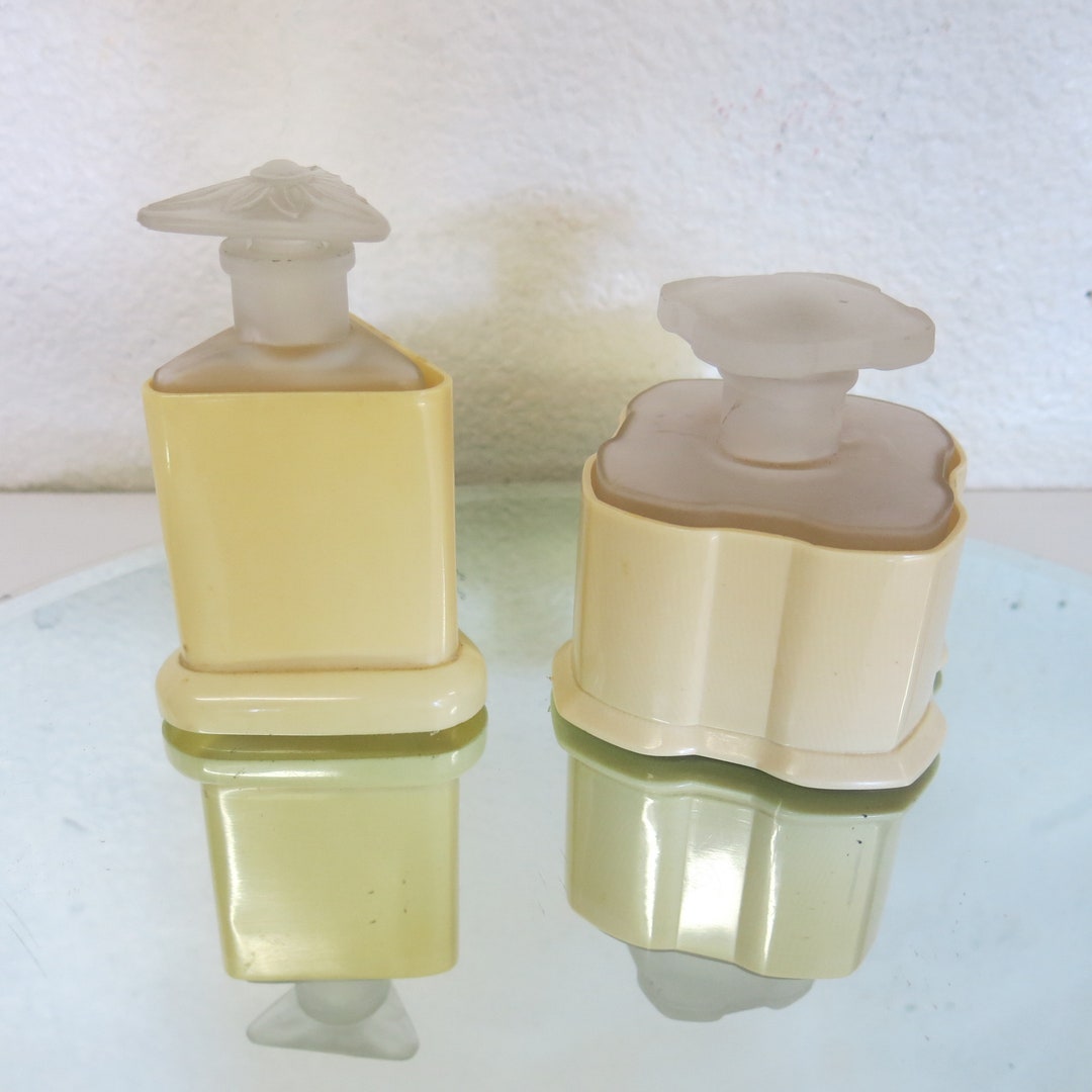 Art Deco Frosted Perfume Bottles in Vintage Ivory Pyralin Celluloid ...