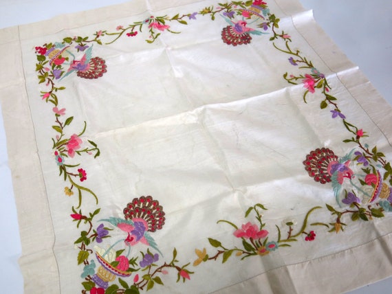 Antique Chinese Embroidered Silk Handkerchief Peacocks - Gem