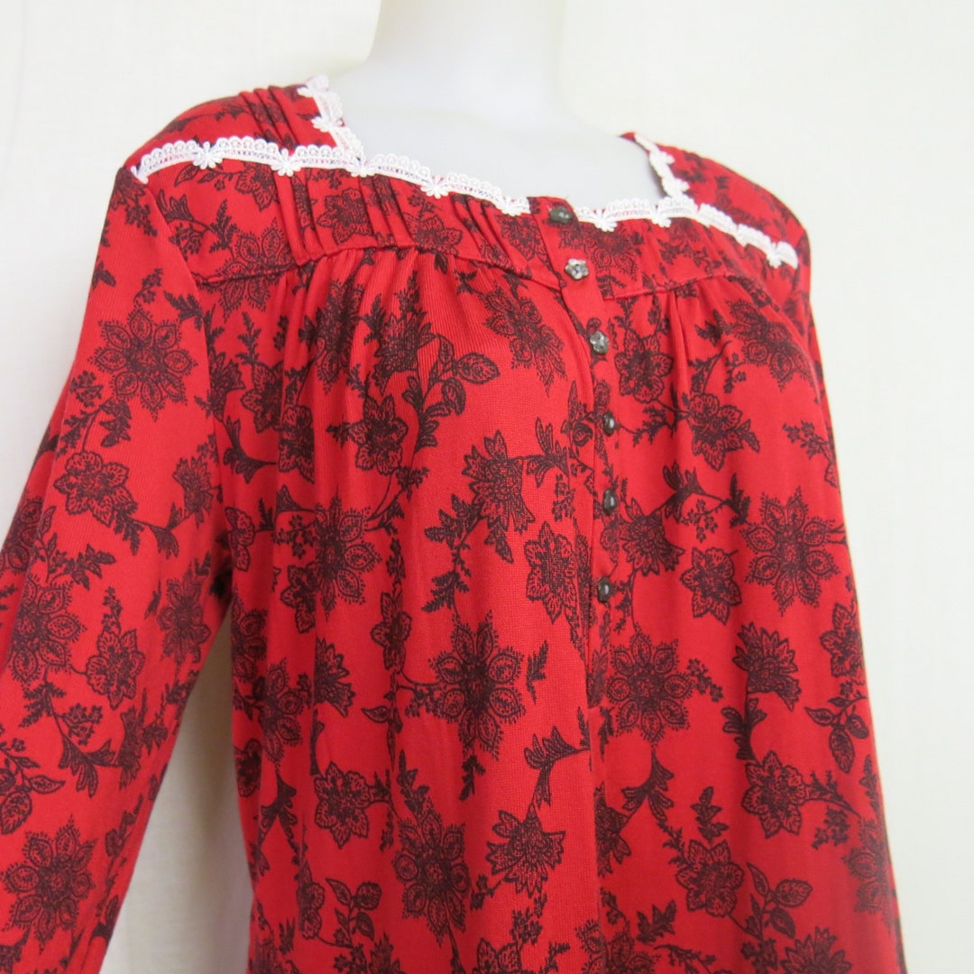 Red Floral Plush Nightgown: Vintage Lace Trim, Size Large - Etsy