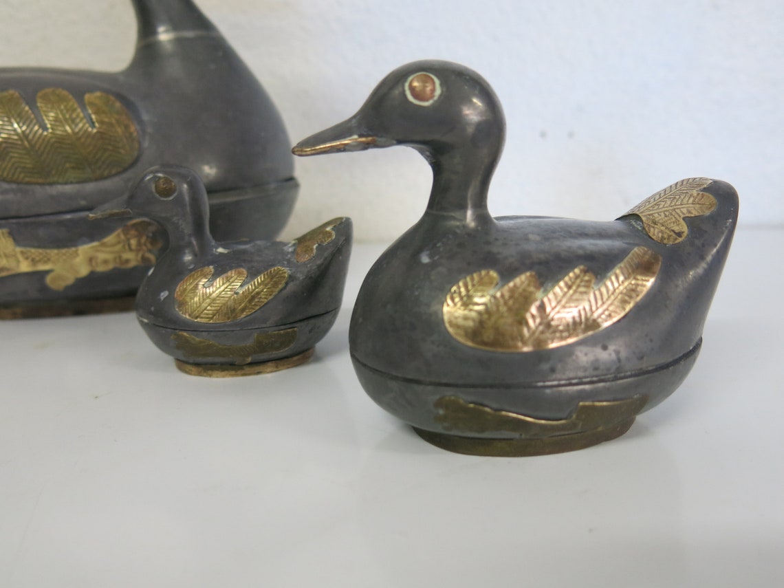 Pewter Duck Figurines Duck Boxes Pewter and Brass Duck Family | Etsy