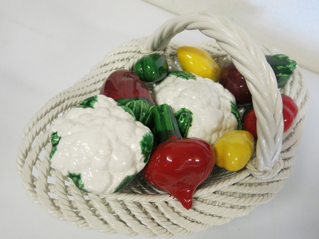 Italian Ceramic Vegetables in Woven Basket Italian Pottery Faux ...